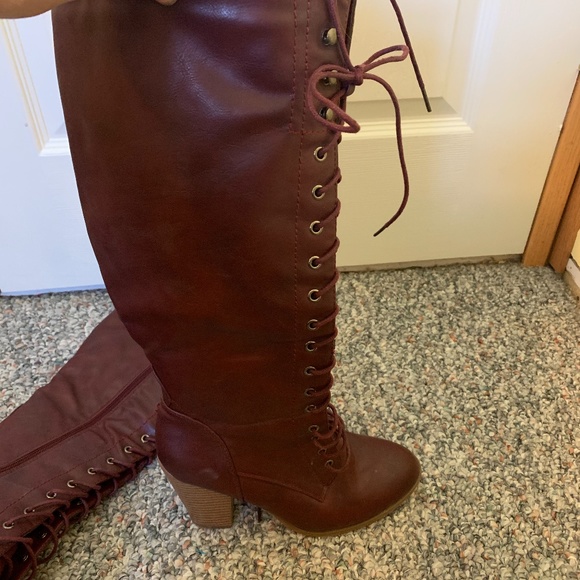 Shoes | Burgundy Lace Up Heeled Boots | Poshmark